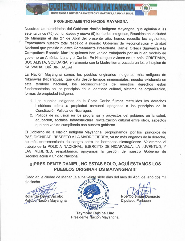 Pronunciamiento Nacion Mayangna | Portal – Asamblea Nacional de Nicaragua